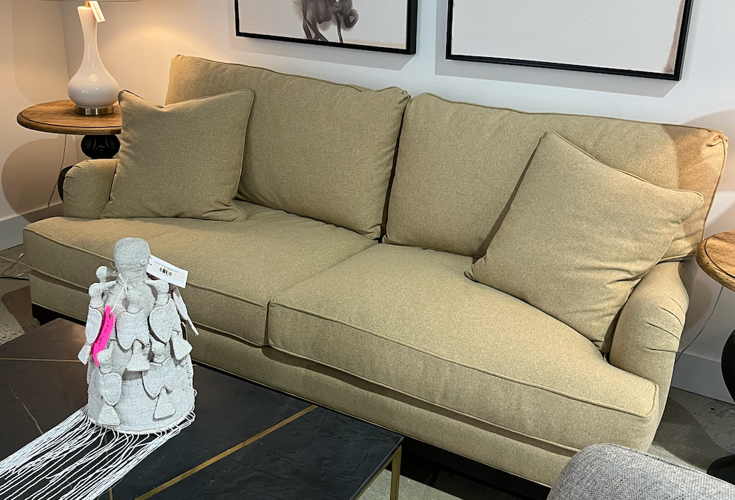 Wesley Hall Tan Upholstered Sofa – Spiffy Staging & Design